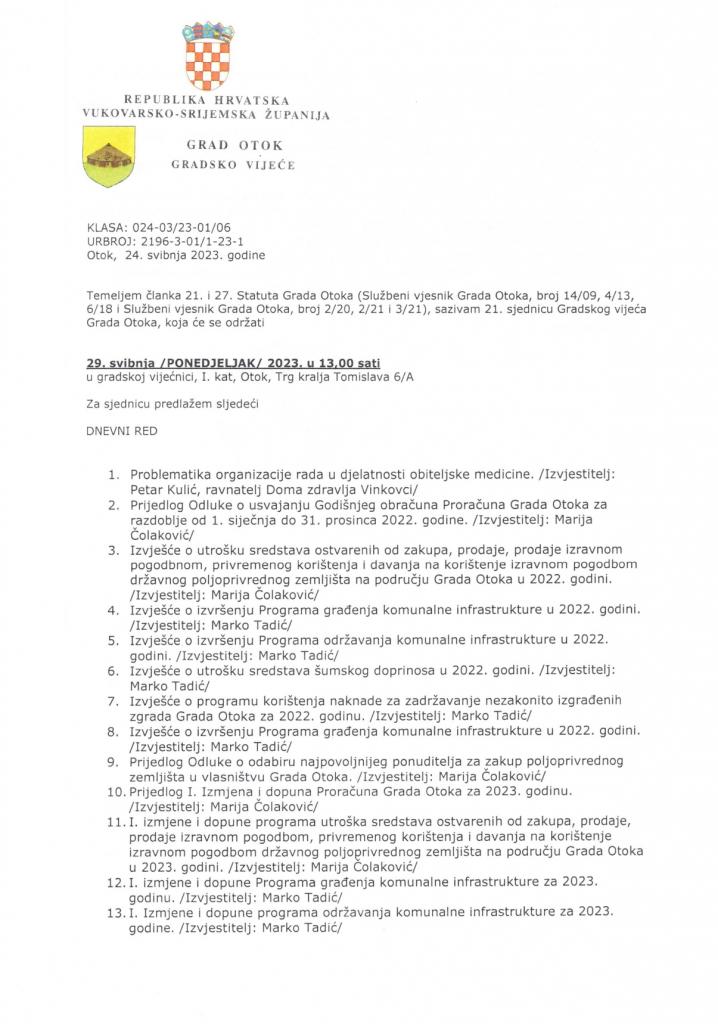 Najava: 21. sjednica Gradskog vijeća Grada Otoka | Grad Otok